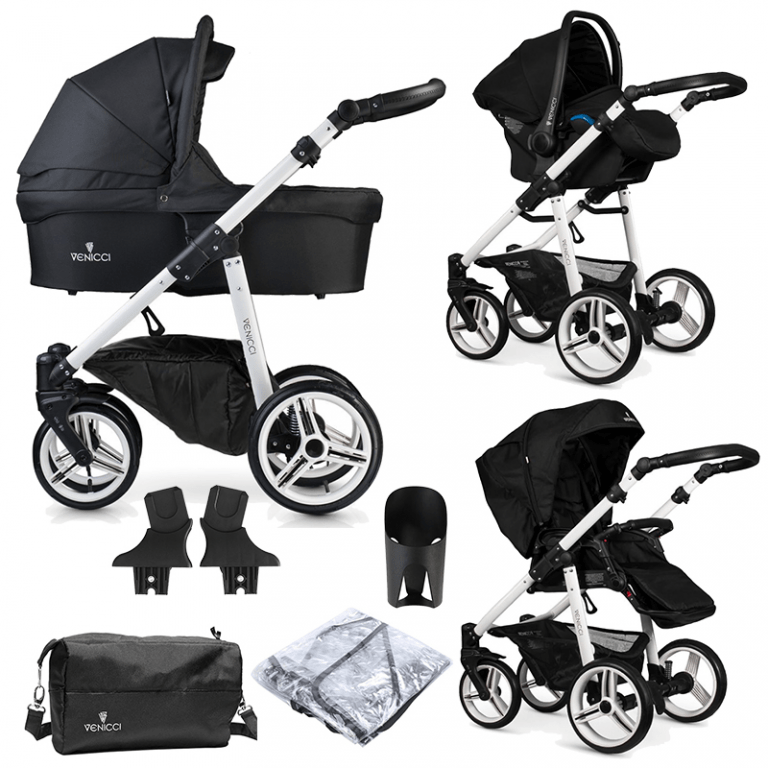 Venicci Soft Vento 3 in 1 Travel System (9 Piece Bundle) - Black/ White ...