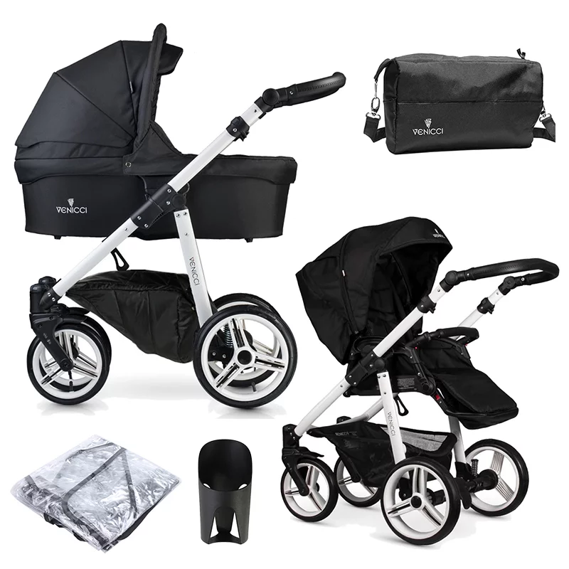 Venicci Soft 2 in 1 Travel System (7 Piece Bundle) - Black / White