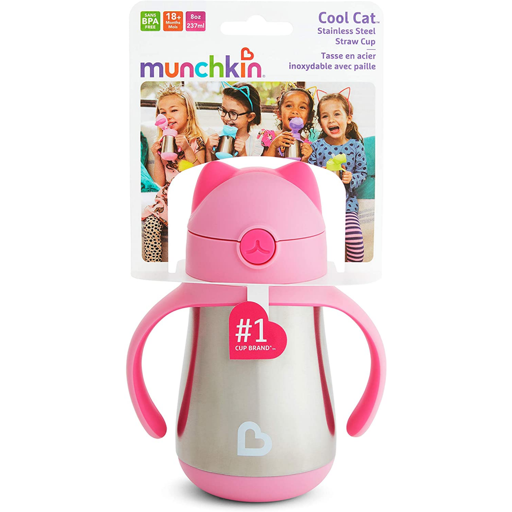 Munchkin Cool Cat Stainless Steel Straw Cup - Pink - Toddler Cup