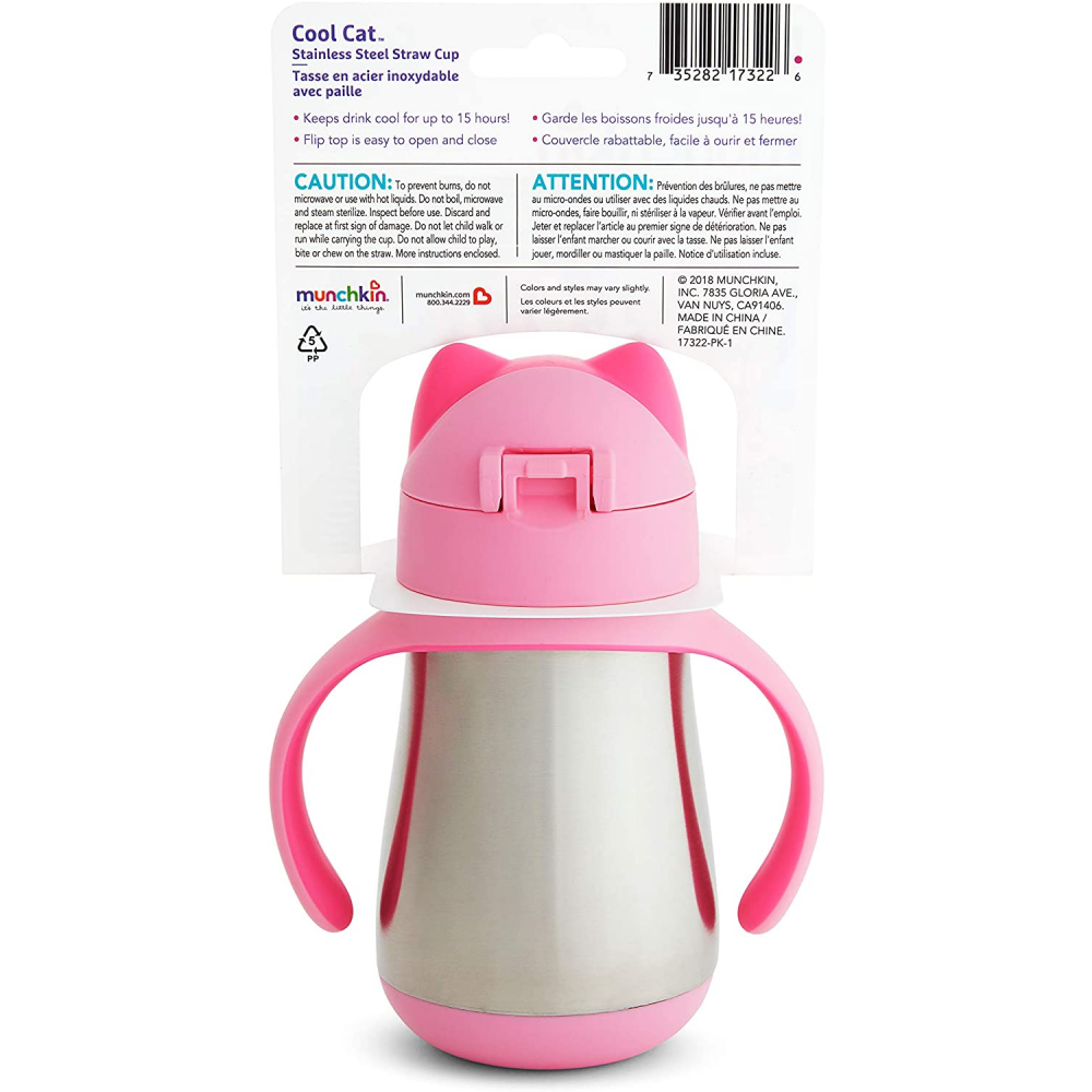 Munchkin Cool Cat Stainless Steel Straw Cup - Pink - Toddler Cup