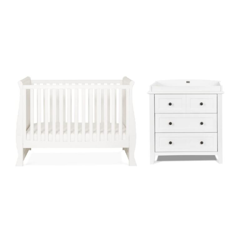 Silver Cross Nostalgia Sleigh Cot Bed and Dresser - White